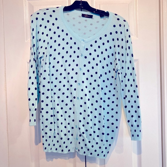 Sweaters | Vibrant Light Blue Cardigan Sweater With Navy Polka Dots ...